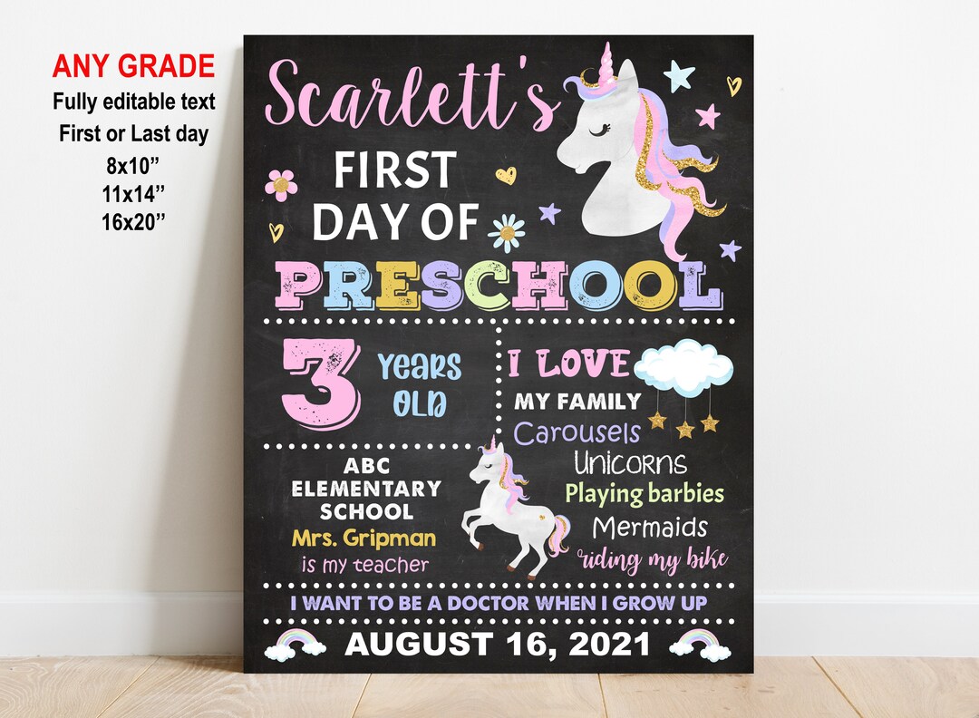 Editable Unicorn First or Last Day of School Sign Printable, Girl 1st ...