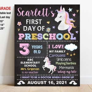Editable Unicorn First or Last Day of School Sign Printable, Girl 1st ...
