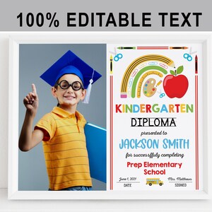 EDITABLE Kindergarten Diploma With Photo Printable Rainbow | Etsy