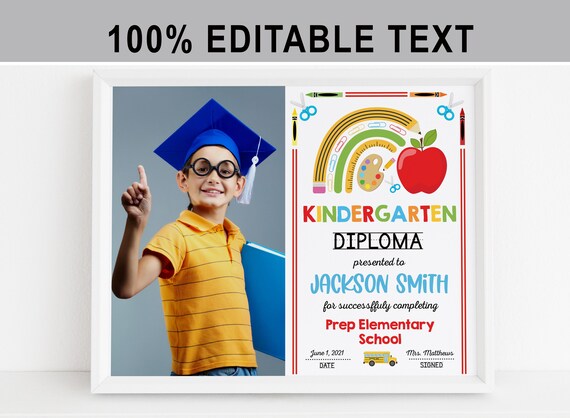 EDITABLE Kindergarten Diploma With Photo Printable Rainbow | Etsy