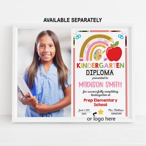 EDITABLE Kindergarten Diploma With Photo Printable Rainbow Personalized ...