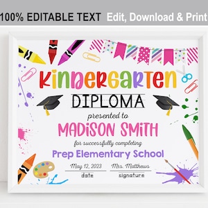 ANY GRADE EDITABLE Kindergarten Diploma Printable, Kids End of School ...