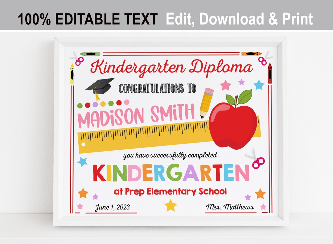 EDITABLE Kindergarten Graduation Diploma Printable, Personalized Girl ...