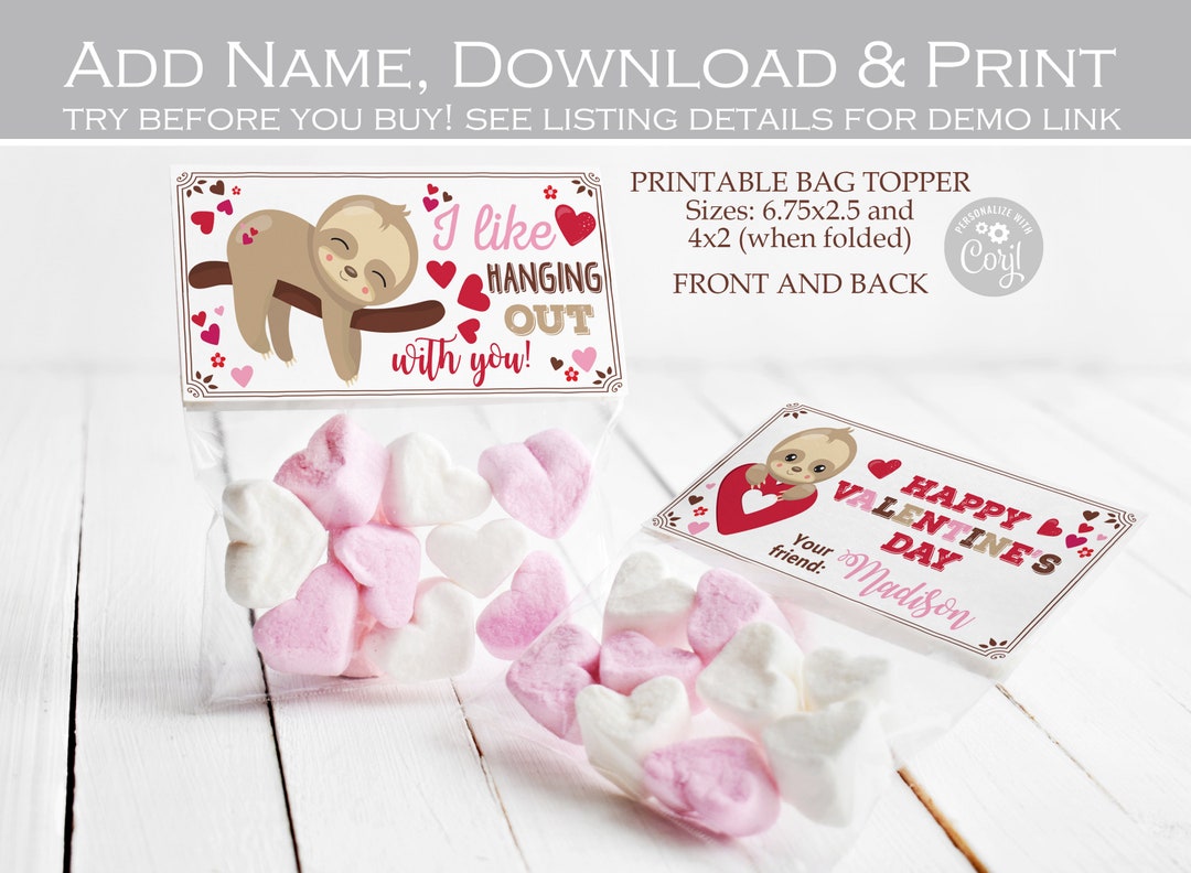 Sloth Valentines Day Treat Bag Toppers Printable, Valentines for Kids ...