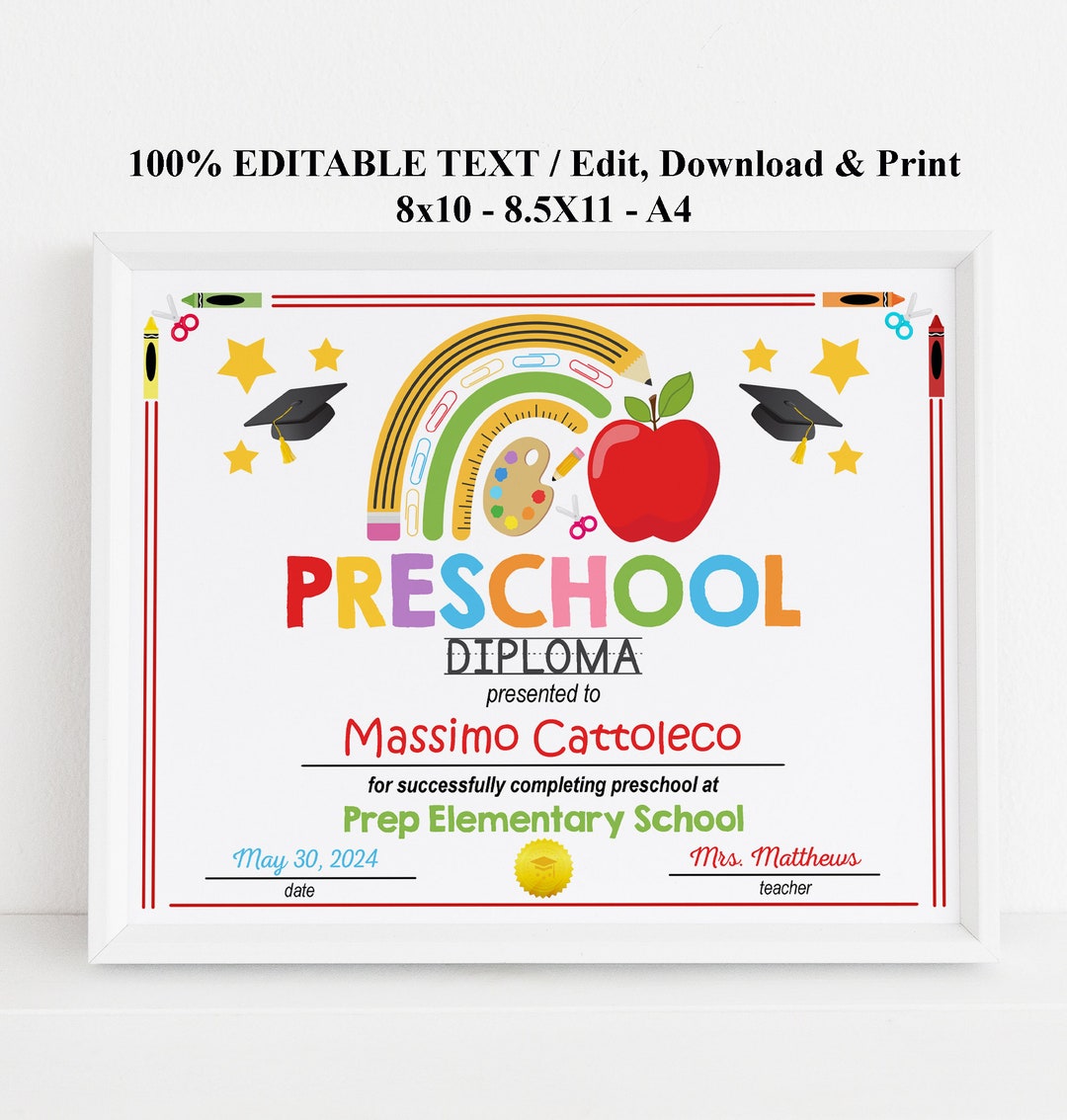 ANY GRADE Kids Editable Diploma, Preschool Sign, Kindergarten ...