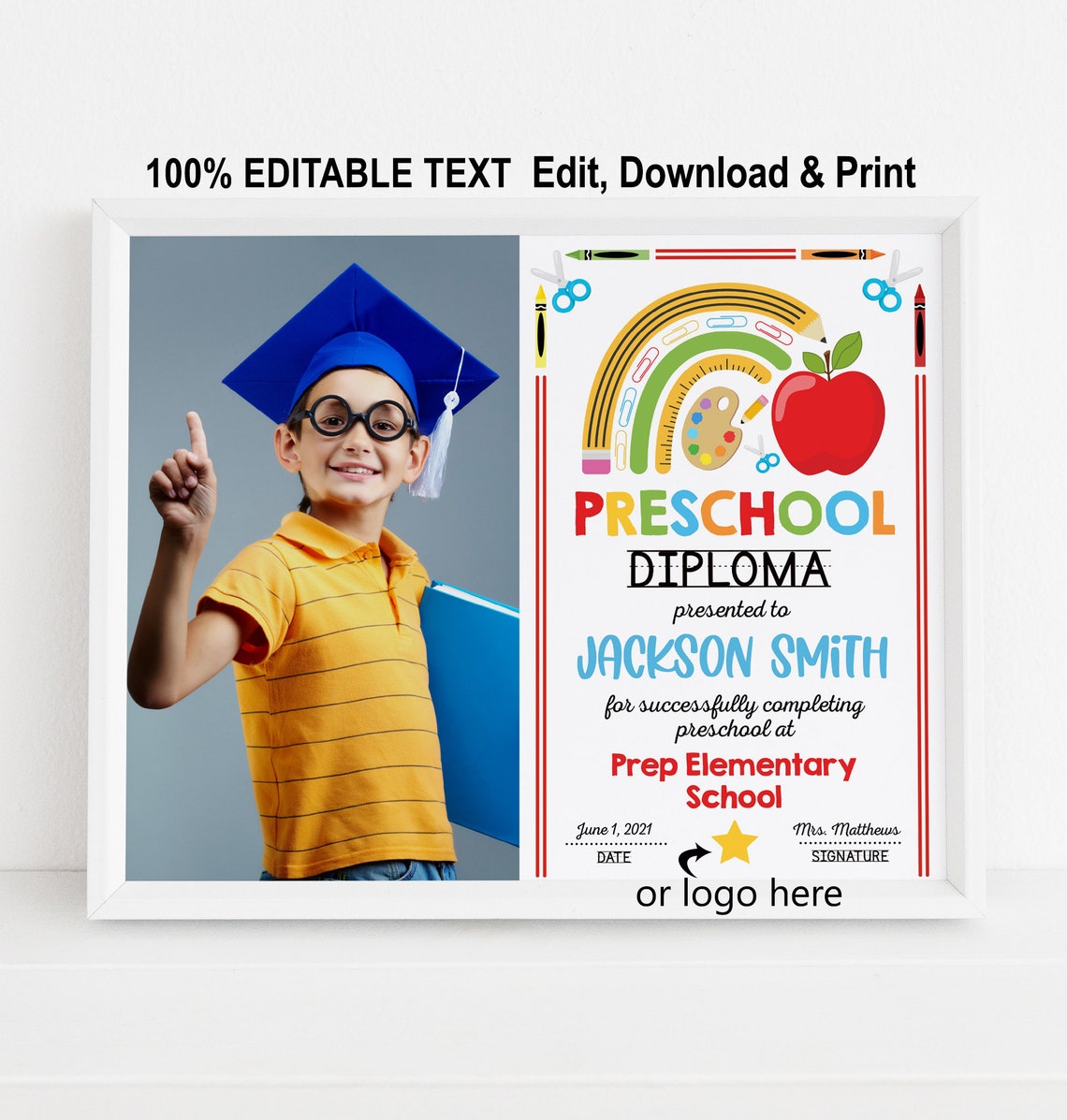 EDITABLE Preschool Diploma With Photo, Rainbow Personalized ...