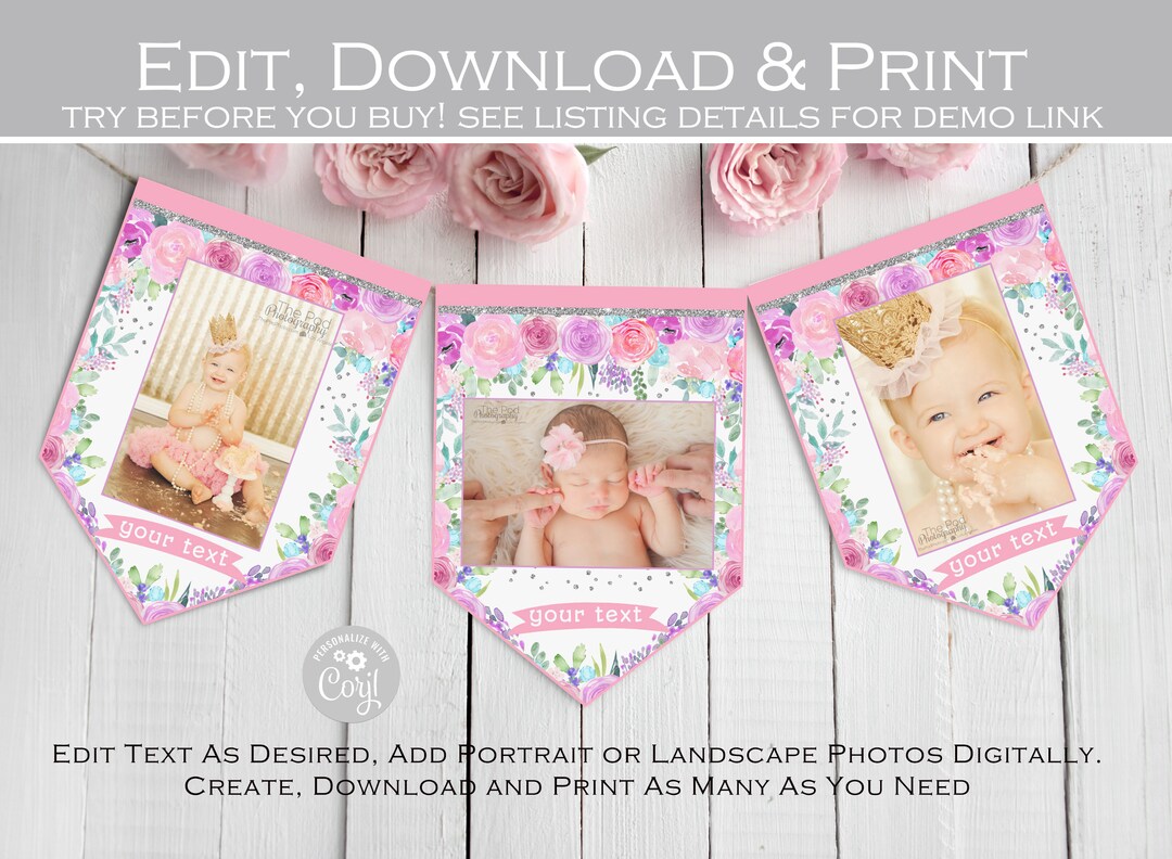 Editable Monthly Photo Banner Printable Baby Girl First Year - Etsy