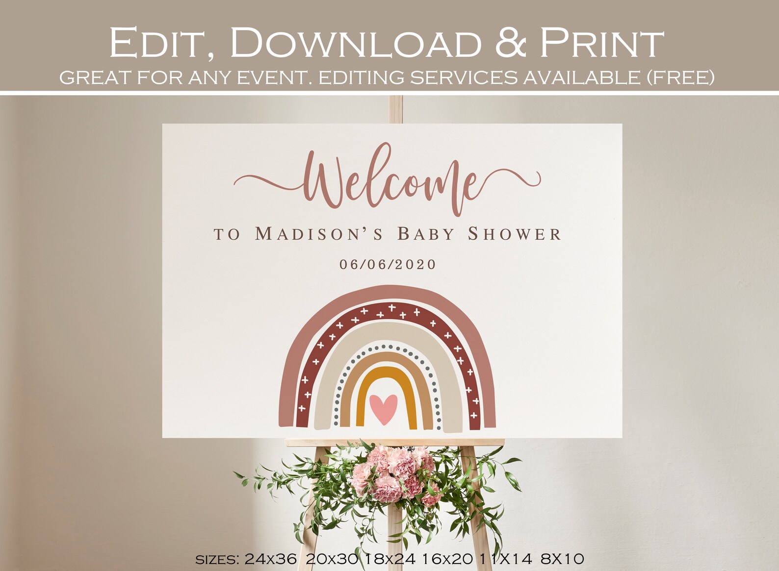 EDITABLE Boho Rainbow Baby Shower Welcome Sign Printable, Earth Tones ...