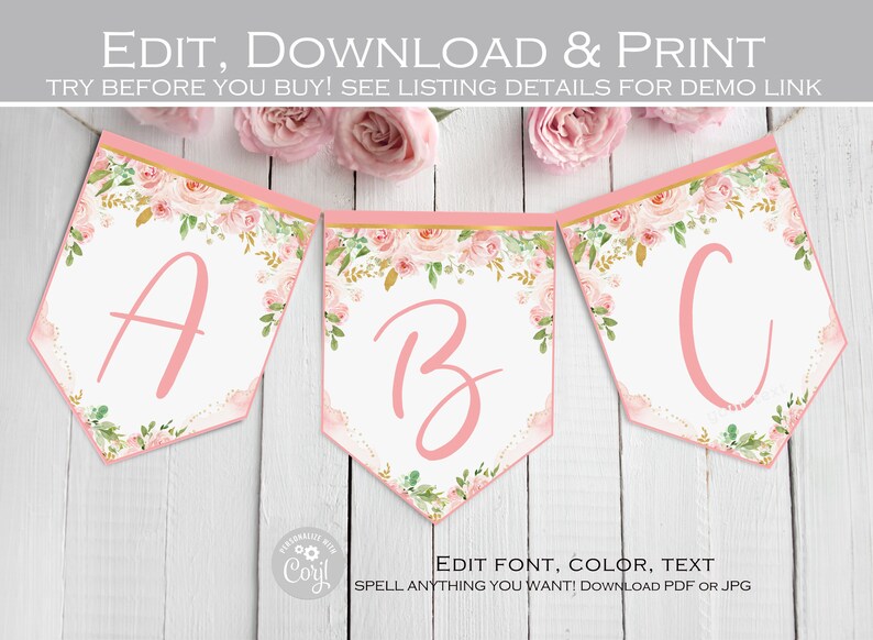 Editable Template Floral Birthday Banner Alphabet Banner - Etsy