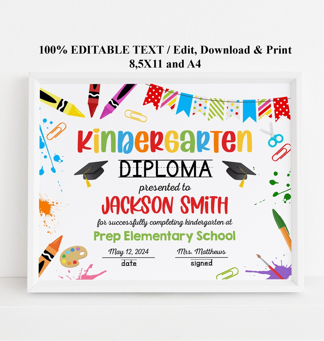EDITABLE Kindergarten Diploma Printable, Kids Kindergarten Graduation ...