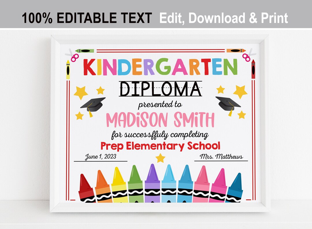 EDITABLE Kindergarten Diploma Printable, Personalized Girl Preschool ...