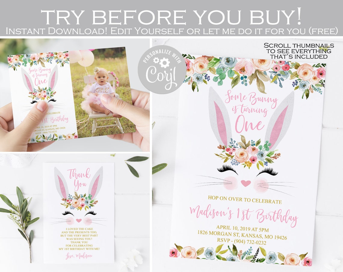 Editable Bunny Birthday Invitation Some Bunny is One | Etsy