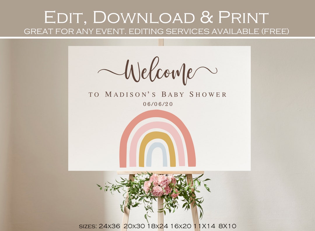 EDITABLE Boho Rainbow Baby Shower Welcome Sign Printable, Earth Tones ...
