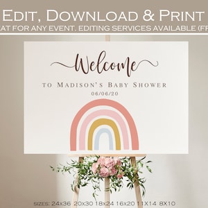 EDITABLE Boho Rainbow Baby Shower Welcome Sign Printable, Earth Tones ...