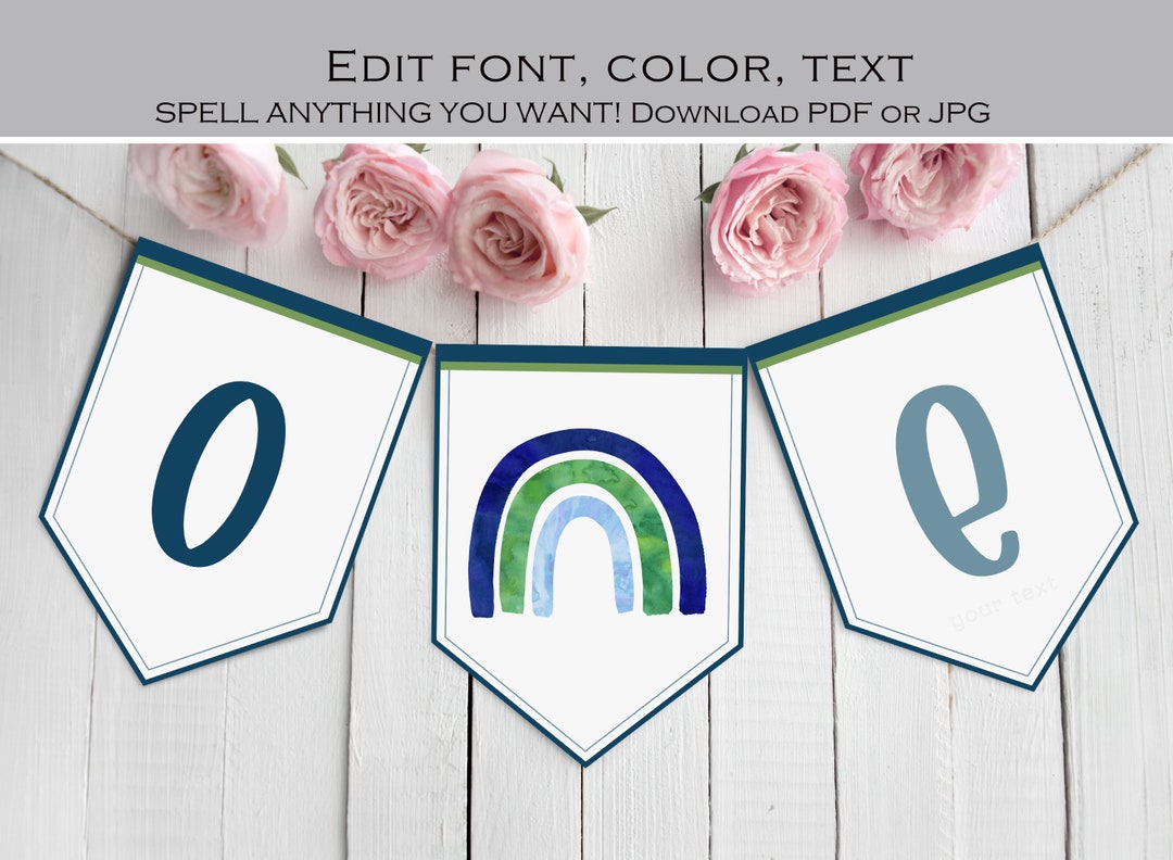 Editable Boho Blue Green Rainbow First Birthday High Chair Banner ...