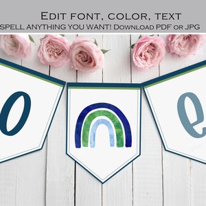Editable Boho Blue Green Rainbow First Birthday High Chair Banner ...