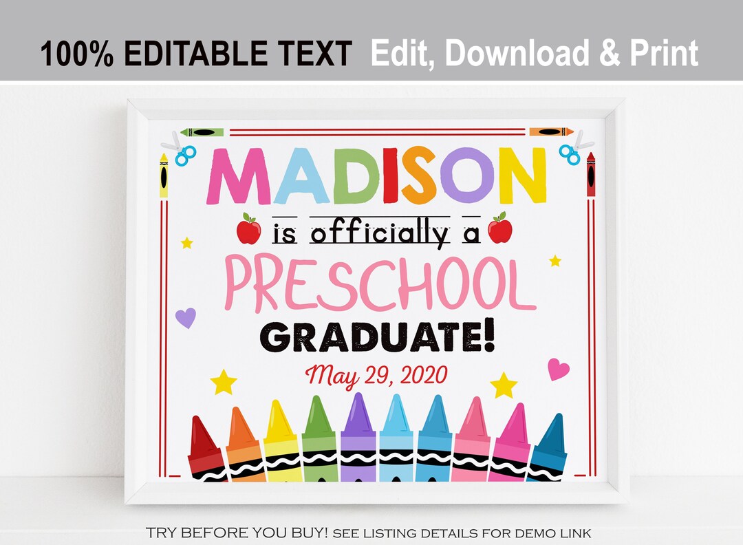 ANY GRADE EDITABLE Preschool Graduation Diploma, Personalized Girl Last ...