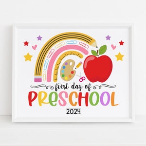 Rainbow First Day of Preschool Sign Printable, Girl Back to School ...