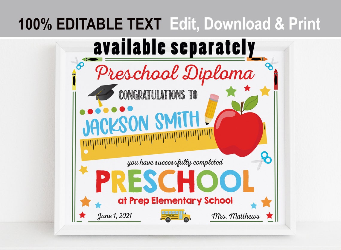 EDITABLE Preschool Graduation Diploma Printable Girl - Etsy