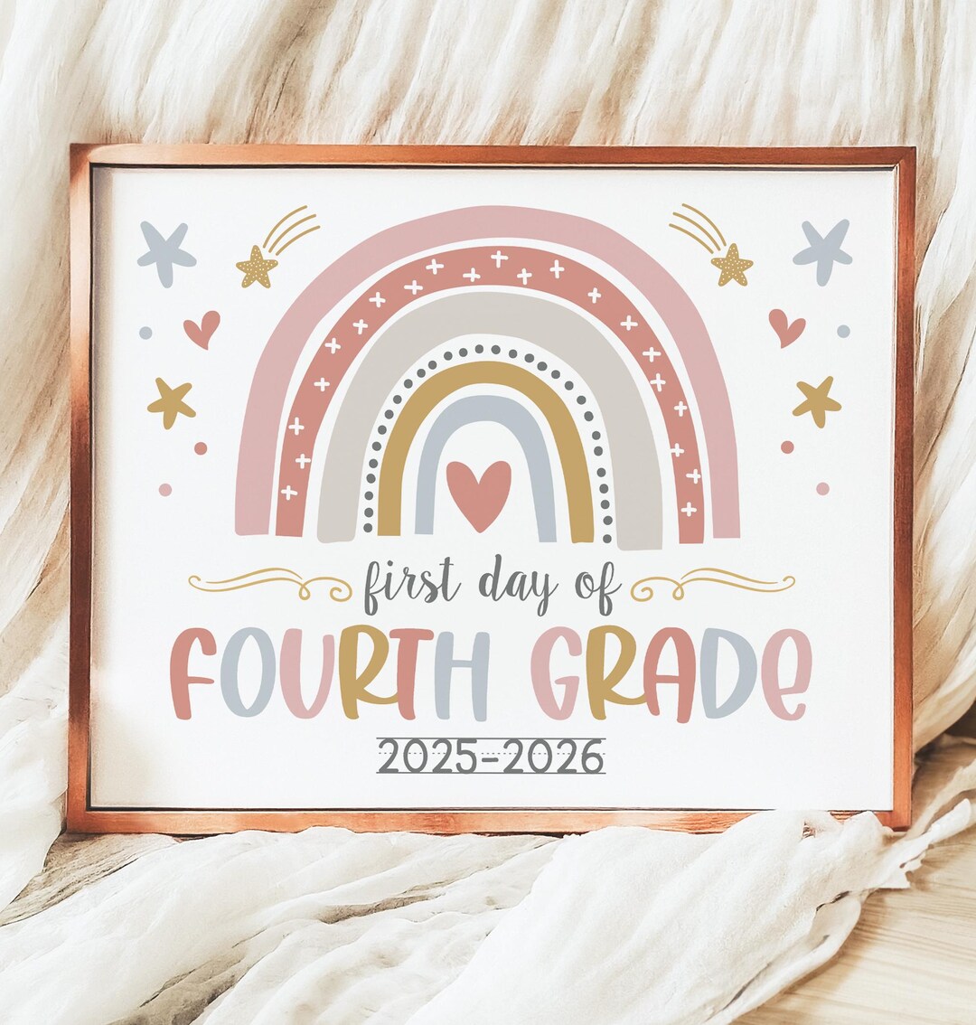 Boho Rainbow First Day of 4th Grade Sign Printable, Girl Back to School ...