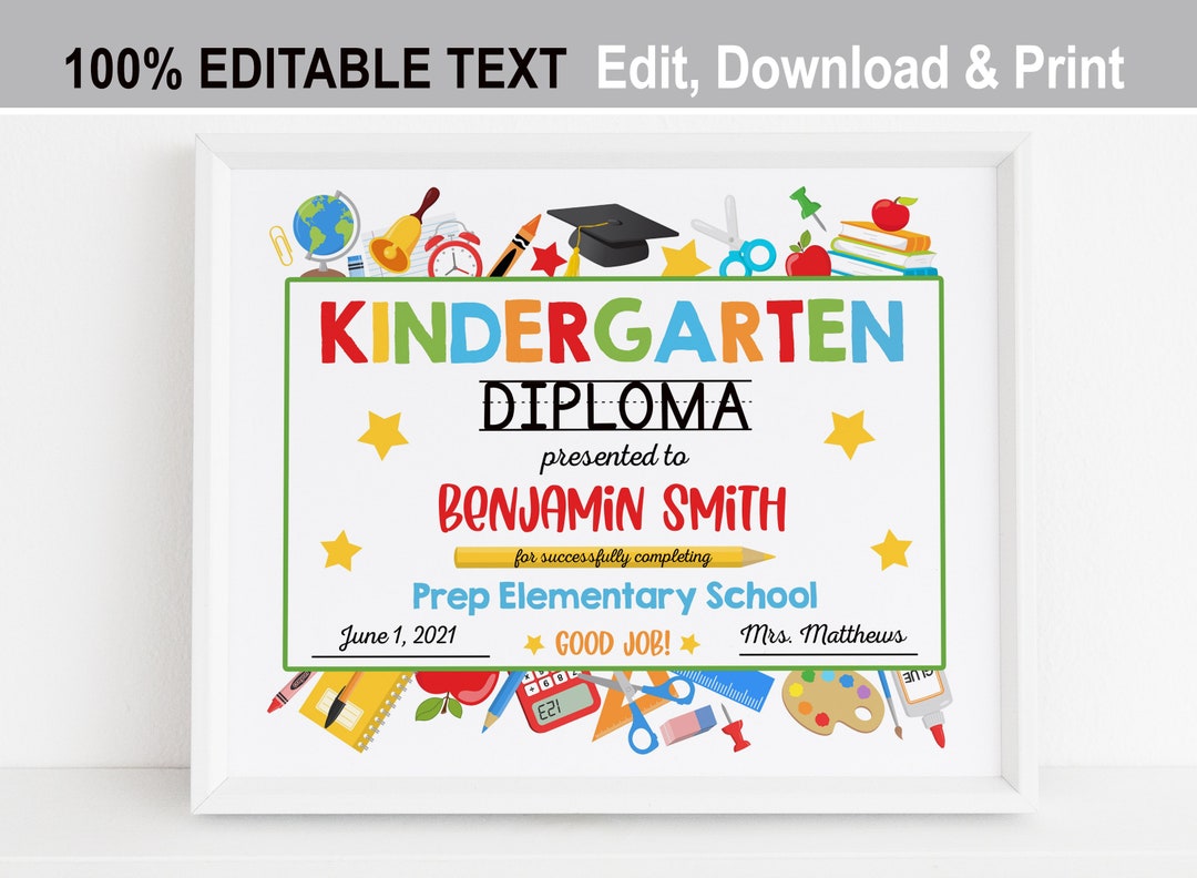 EDITABLE Kindergarten Graduation Diploma Printable, Kids Personalized ...