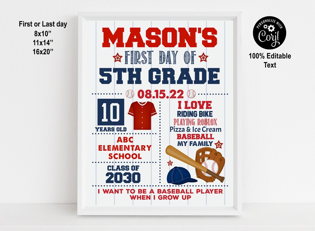 ANY GRADE Baseball First or Last Day of School Sign Printable, Back to ...