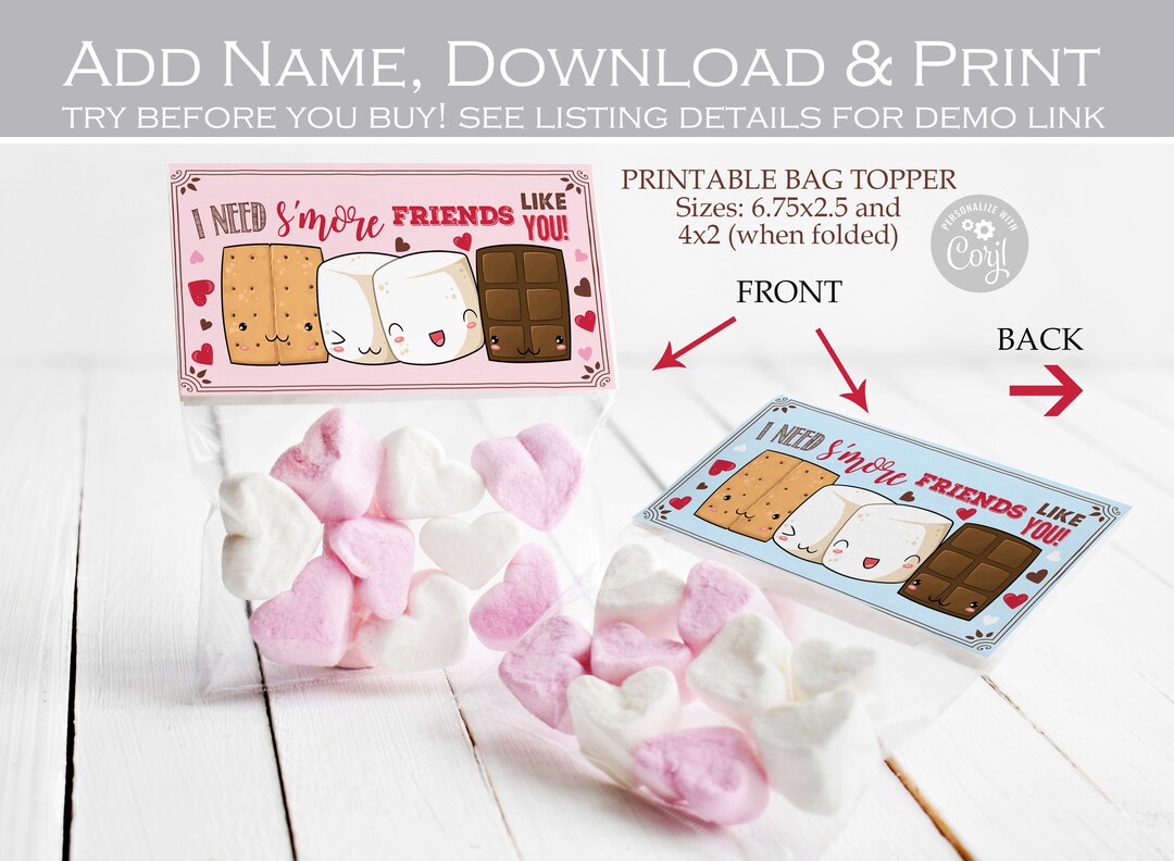 S'mores Valentine Treat Bag Toppers Printable, Valentine's Day for Kids ...