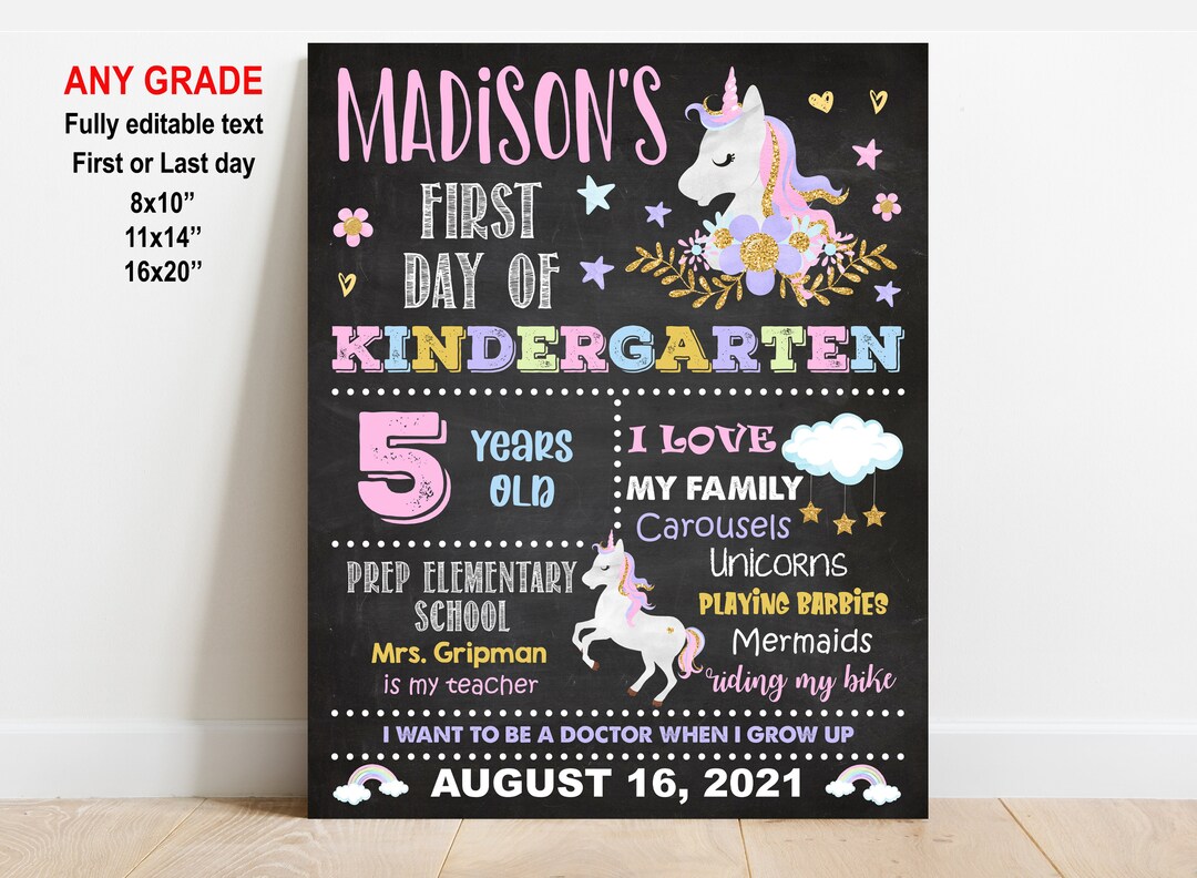 Editable Unicorn First or Last Day of School Sign Printable, Girl Back ...