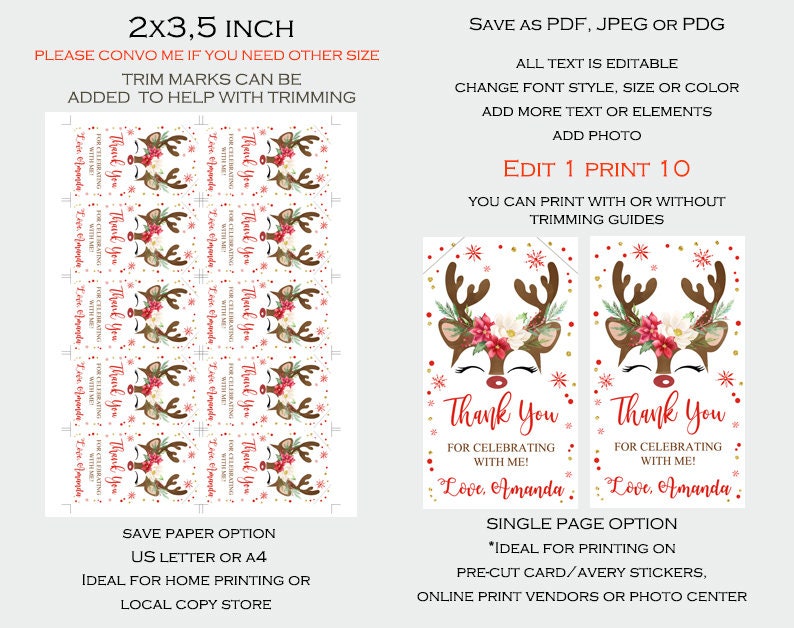 Girl Reindeer Thank You Tags Oh Deer 1st Birthday Party Favor - Etsy