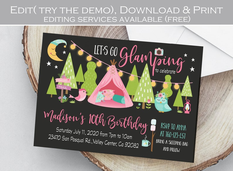 Editable Camping Birthday Invitation Glamping Invitations | Etsy
