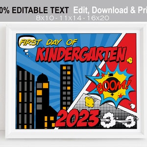 EDITABLE Superhero Comic Book First Day of School Sign Printable, Boy ...