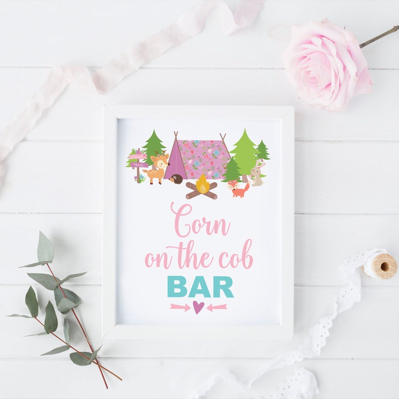 Corn on the Cob Bar Sign Printable, Girl Camping Birthday Party, Camp ...
