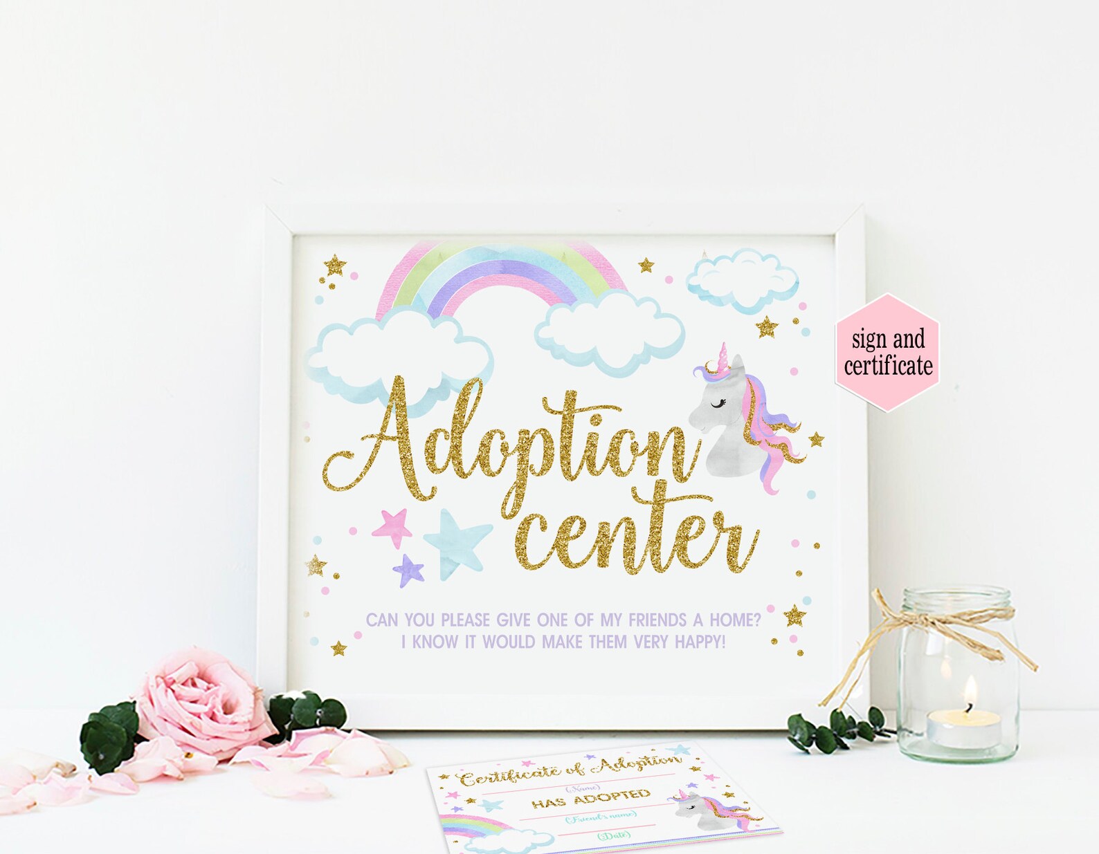 Unicorn Adoption Center Sign and Certificate Printable, Unicorn Party ...