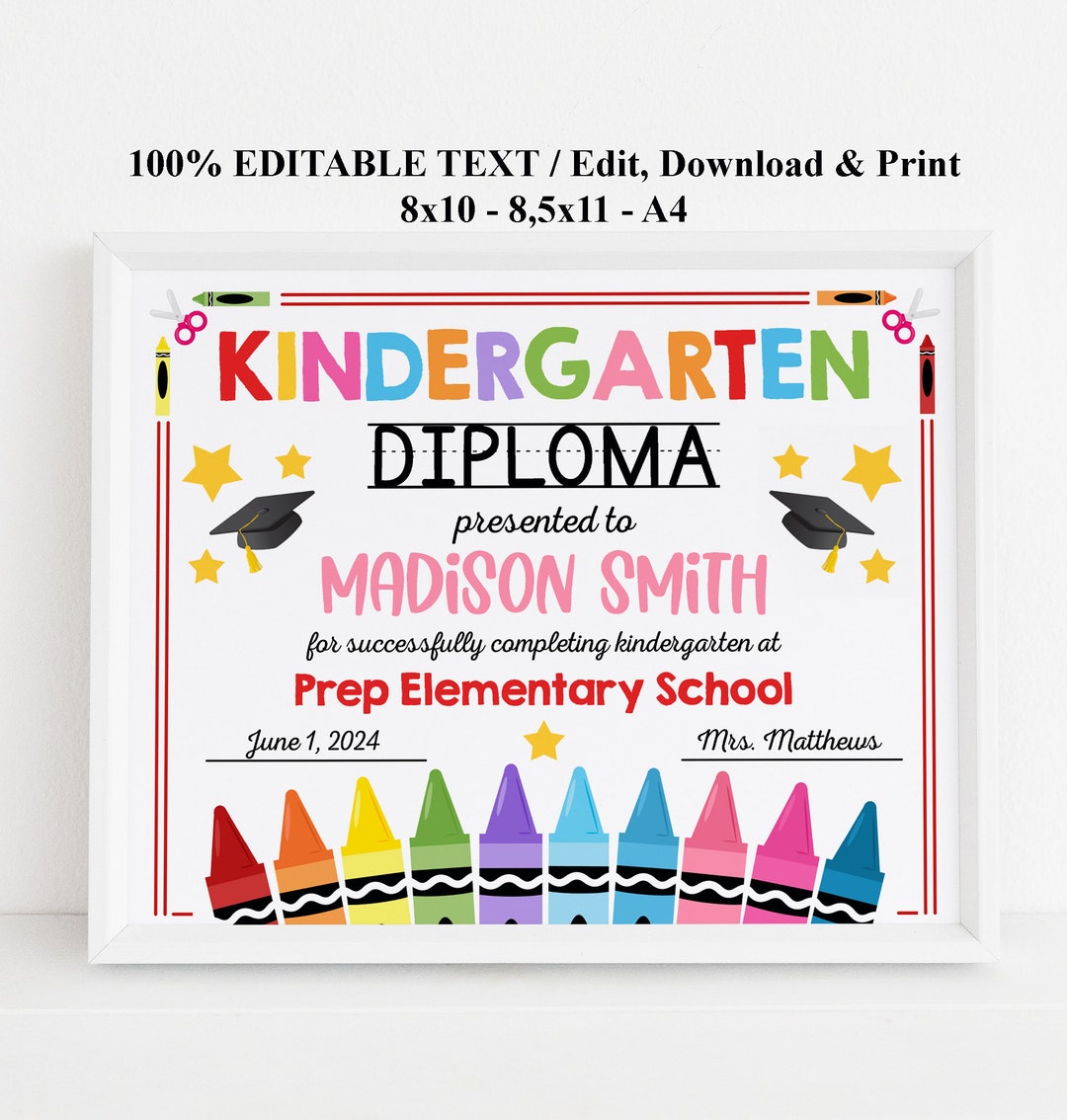 EDITABLE Kindergarten Diploma Printable, Personalized Girl Preschool ...