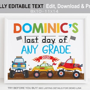 EDITABLE Monster Truck Last Day of School Sign Printable, Preschool ...