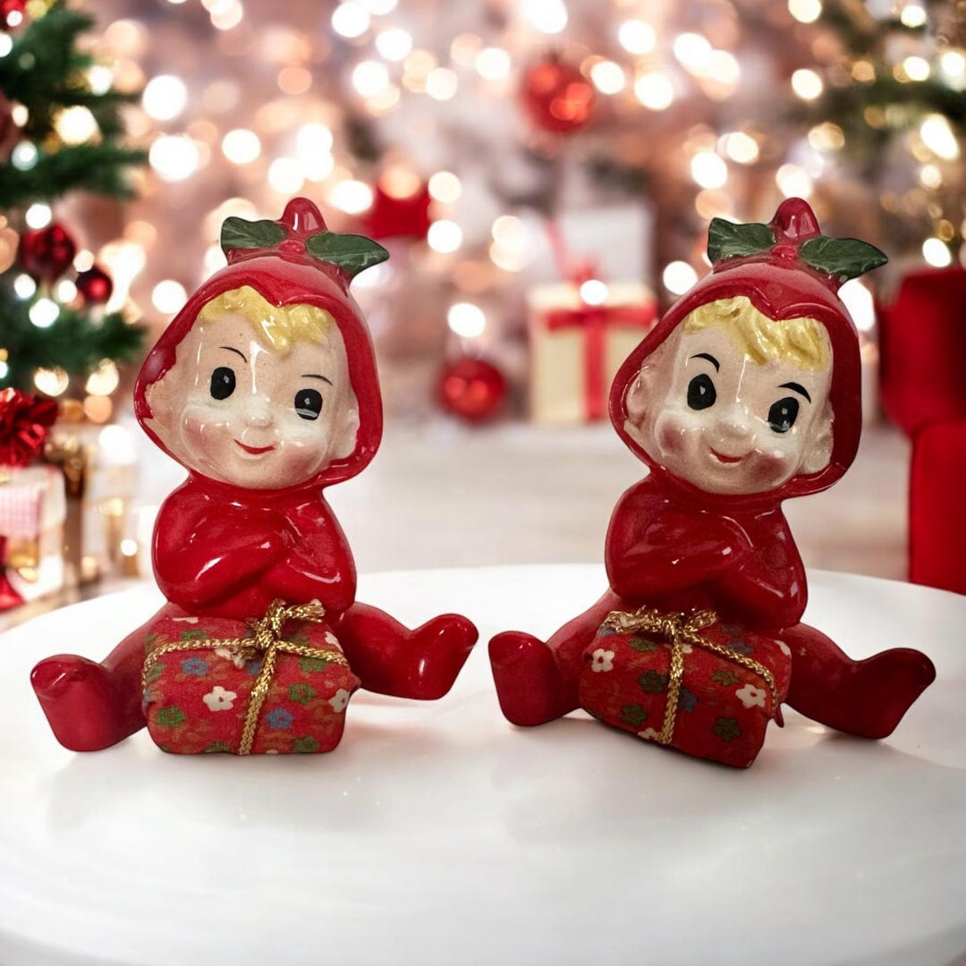 Adorable Christmas Pixie Elf Elves in Red With Presents Mid Century ...