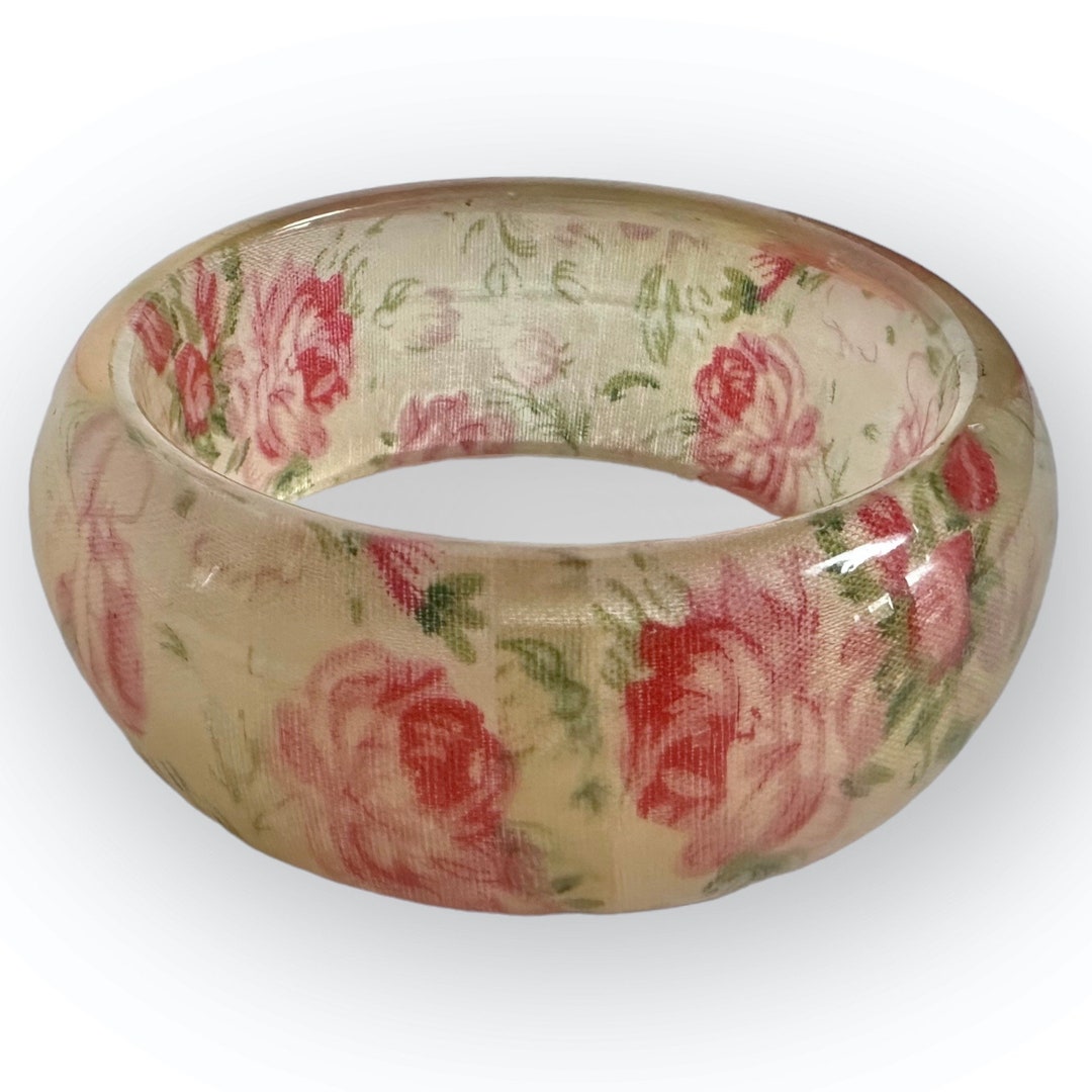 Thick Lucite Bangle Braclet With Rose Floral Fabric Inlay - Etsy