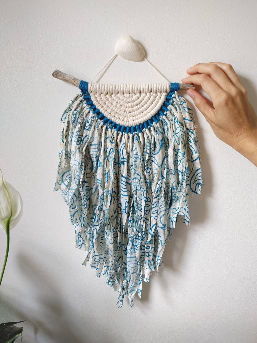 Blue paisley ribbon wall hanging / recycled sari silk artwork | Etsy