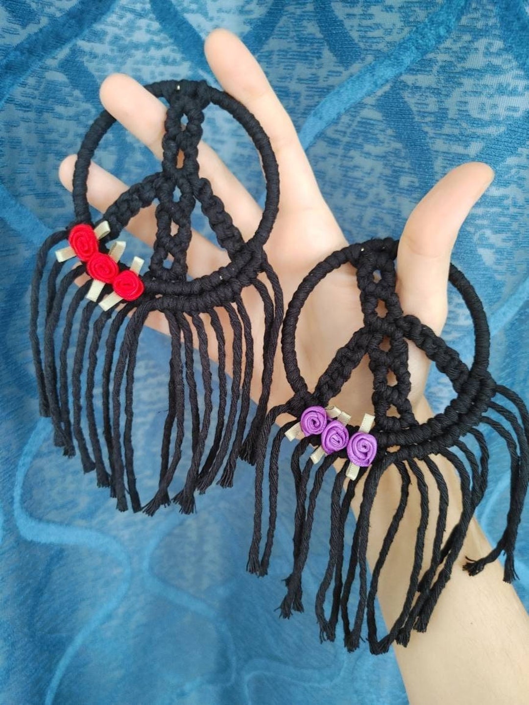Whimsigoth Black Macrame Mini Peace Sign With Red and Purple Flowers - Etsy