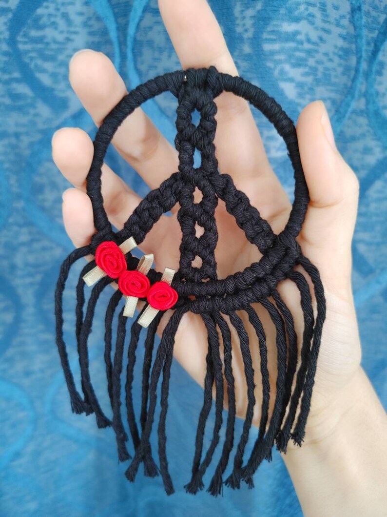 Whimsigoth Black Macrame Mini Peace Sign With Red and Purple Flowers - Etsy