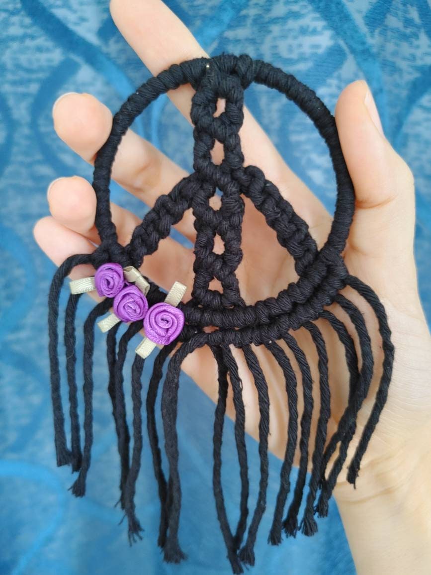 Whimsigoth Black Macrame Mini Peace Sign With Red and Purple Flowers - Etsy