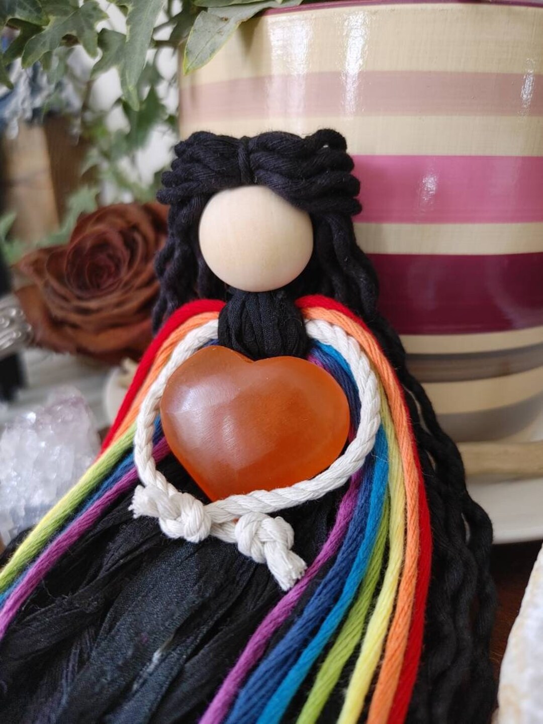 Black Rainbow Guardian Macrame Doll With Peach Selenite Crystal Heart ...