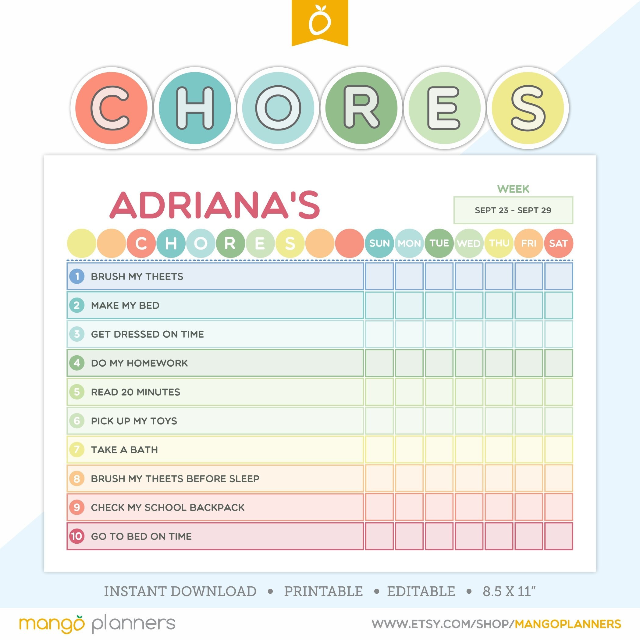 PDF Children Printable US Letter Size A4 Size OneNote Kids Chore List ...