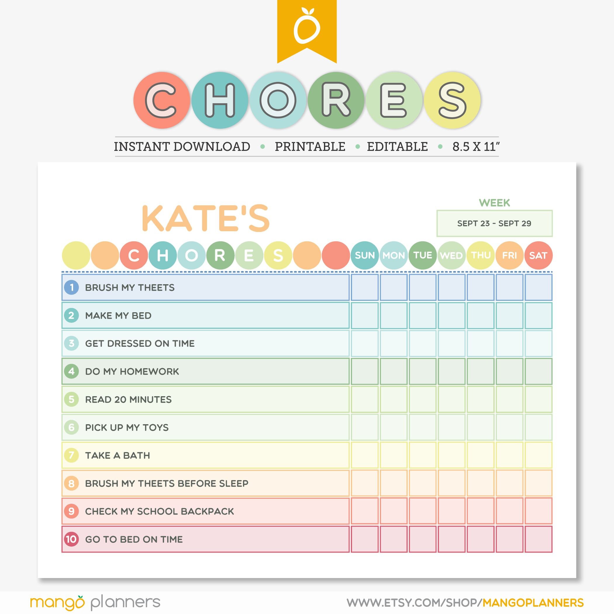 Kids Chore Chart Printable Kids Chore Chart Printable Kids | Etsy