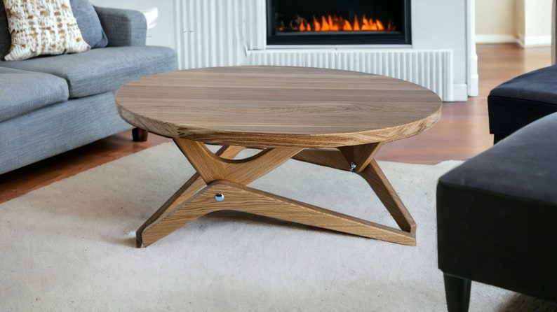 Round Solid Oak Dining Table, Convertible Coffee Table, Adjustable ...