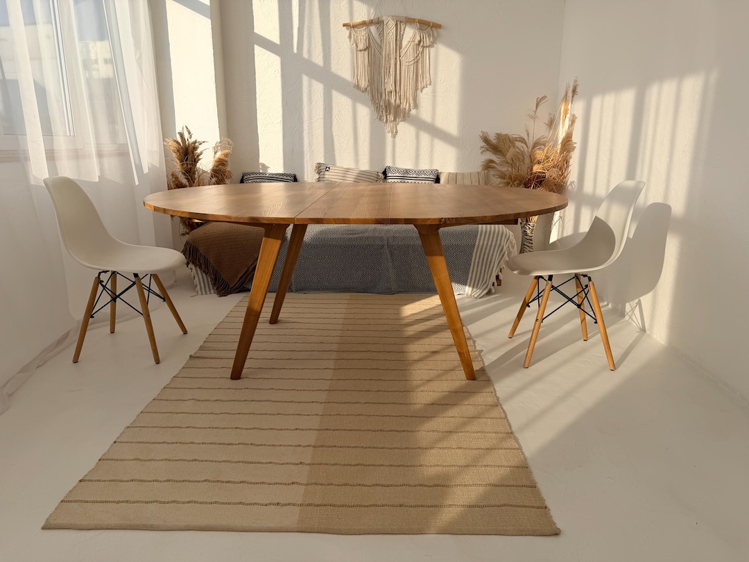 Round Oak Adjustable Height Dining Table Handmade Solid Wood Extendable ...