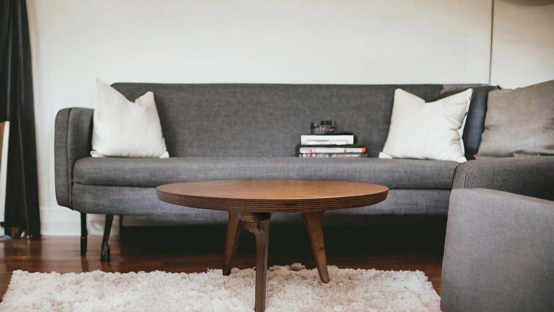 Wooden Round Coffee Table Made of Birch Plywood on Three Legs Covered ...