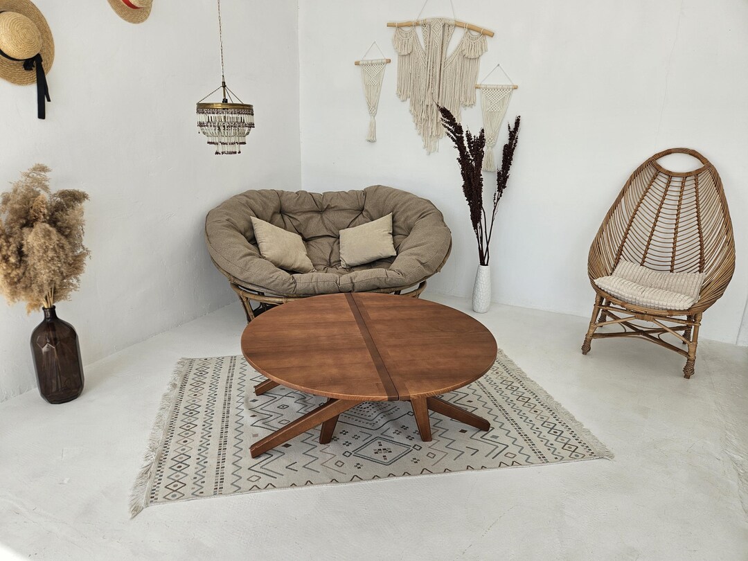 Round Folding Coffee Table and Dining Table 6 in 1 Natural Wood ...