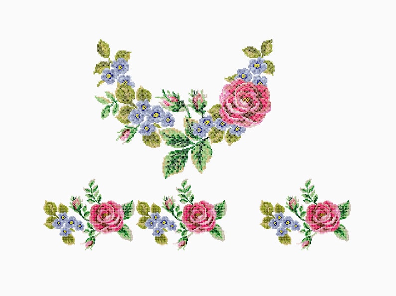Roses Flowers Machine Embroidery Design. Neckline Cross Stitch Pattern ...