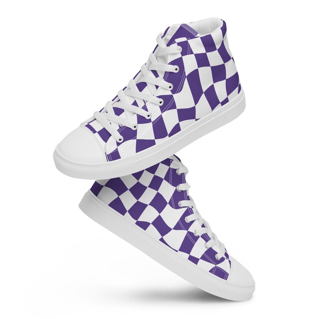 Women’s Purple Checkered High Top Canvas Shoes, Women's Purple Sneakers ...